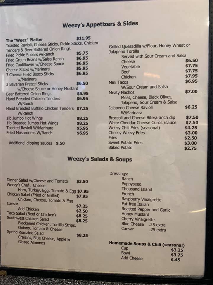 Menu at Weezy's pub & bar, Hamel