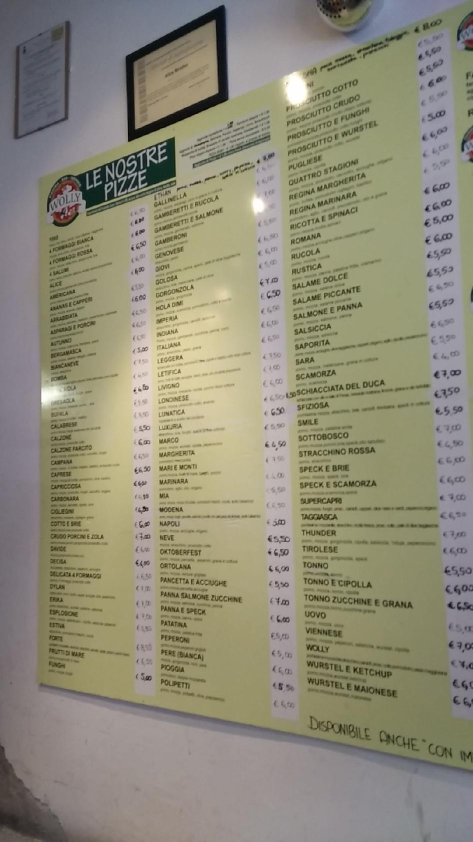 Menu at Wolly pizzeria, Pradalunga