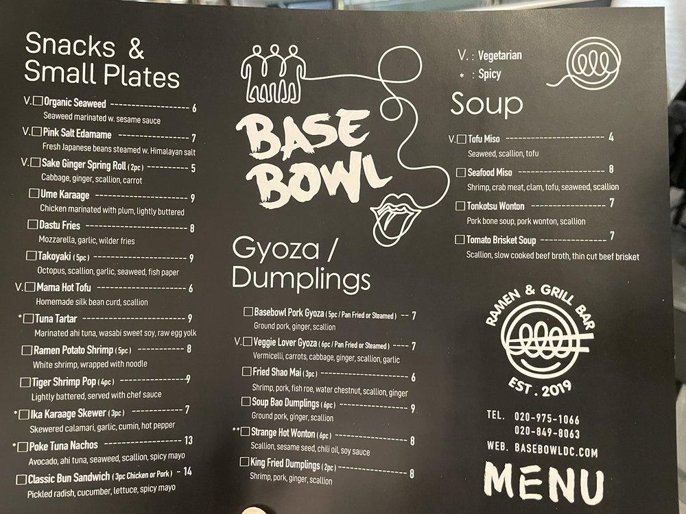 Menu at Basebowl restaurant, Washington