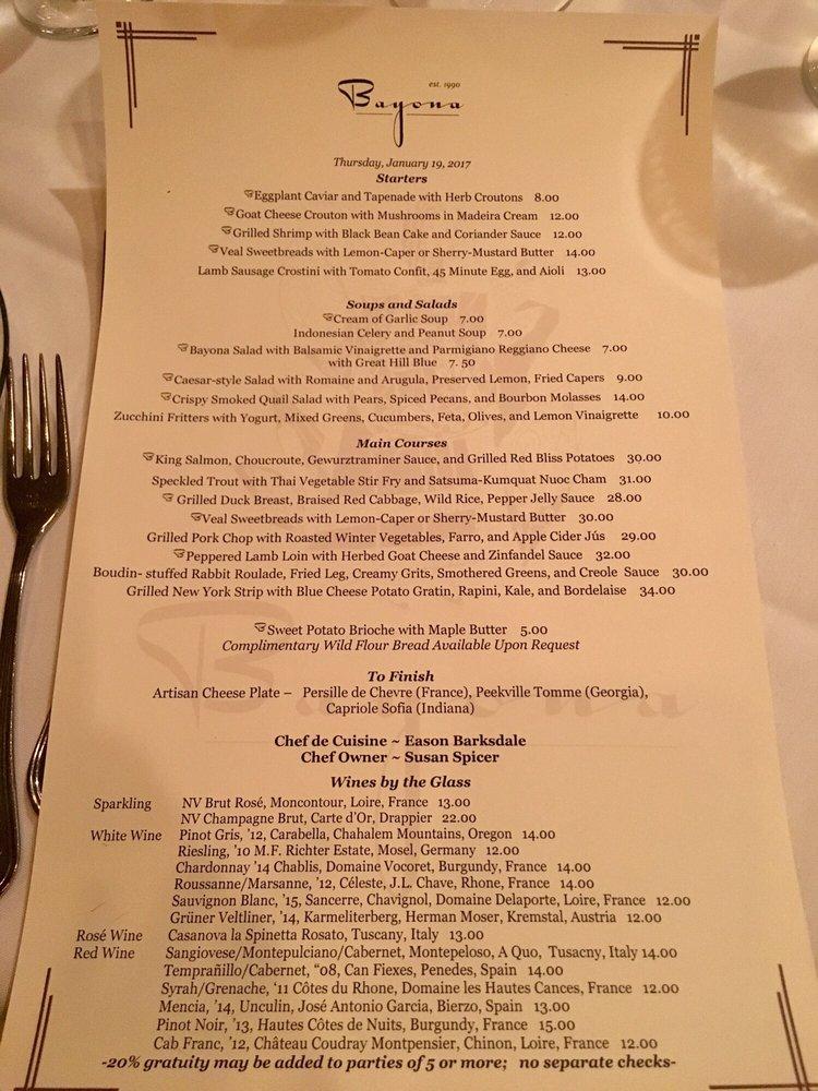 Menu at Bayona pub & bar, New Orleans