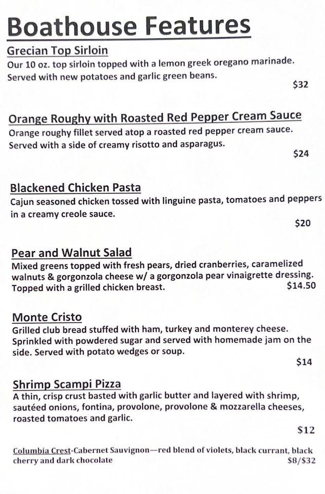 Menu at Boathouse Restaurant, Winona Lake