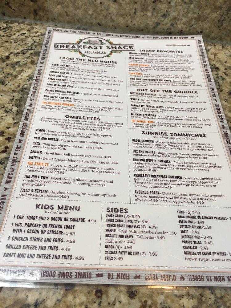 Menu at Breakfast Shack restaurant, Redlands