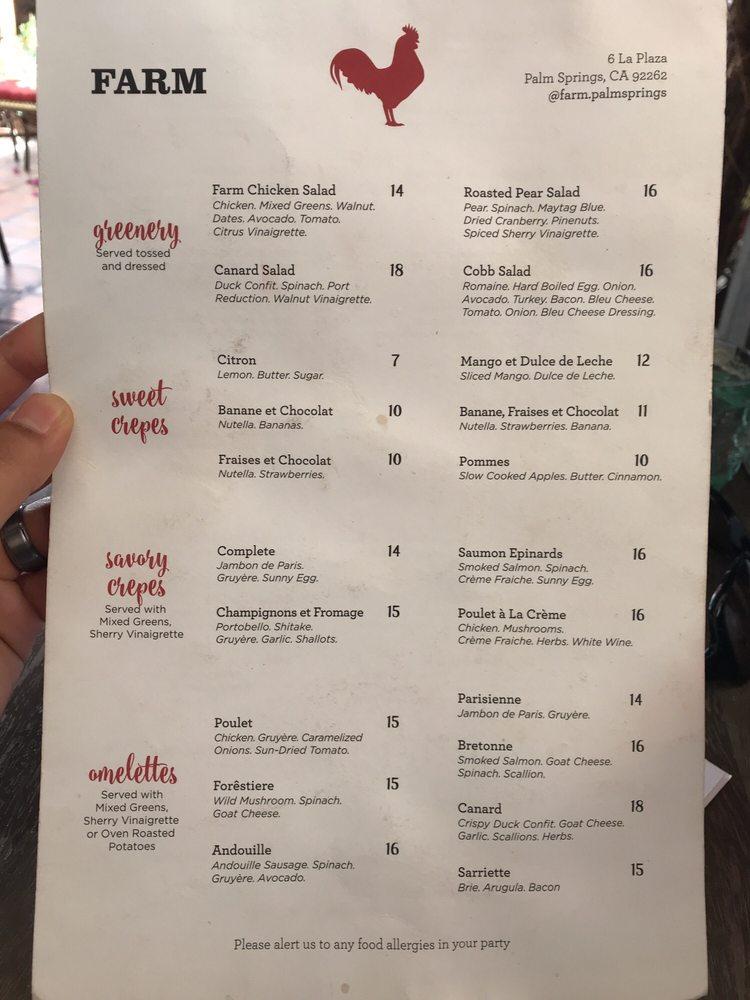 Menu at Farm restaurant, Palm Springs