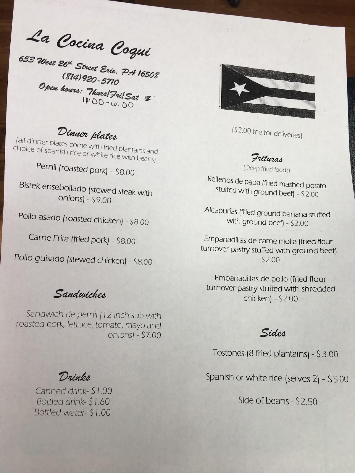 Menu at La Cocina Coqui restaurant, Erie