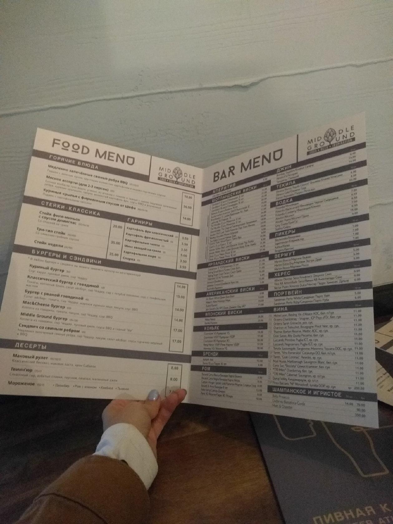 Carta del pub y bar Middle Ground, Minsk