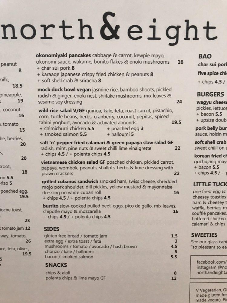 Menu at North and Eight restaurant, Aberfeldie