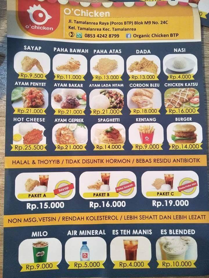Menu at O' Chicken Tamalanrea restaurant, Makassar, Jl. Tamalanrea Raya