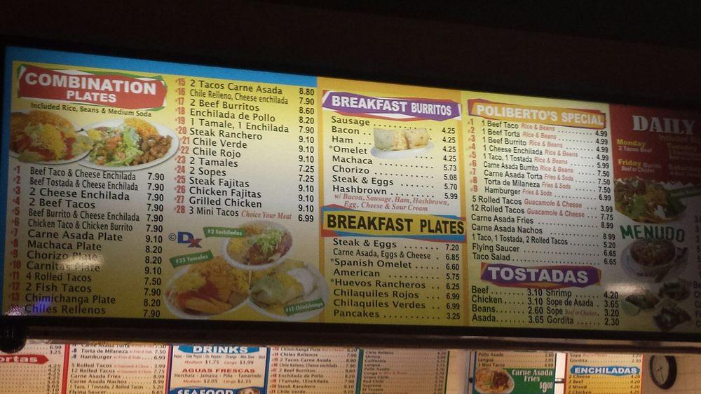 Menu at Poliberto's Taco Shop restaurant, Glendale