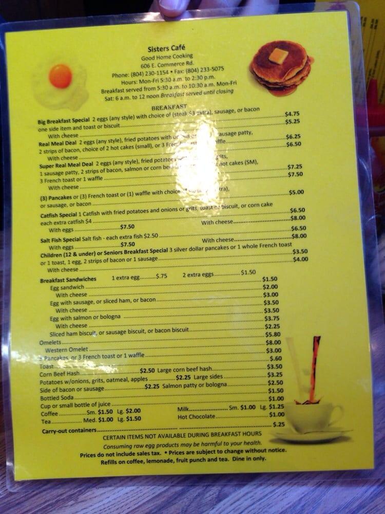 Carta de Sisters Cafe, Richmond