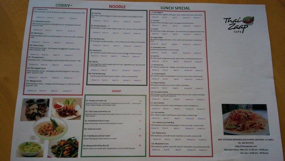 Menu at Thai Zaap Cafe, Metairie