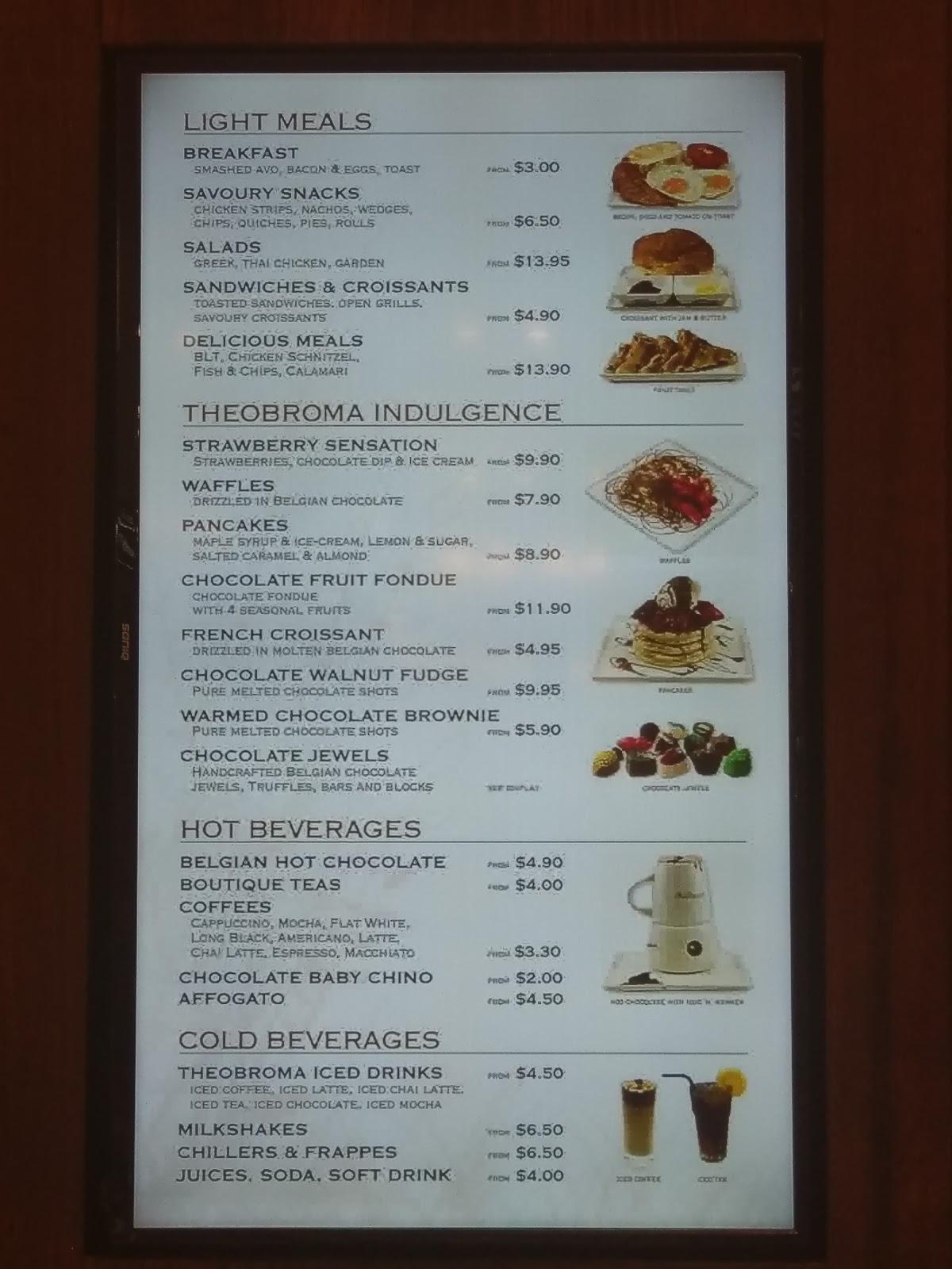Menu at Theobroma Chocolate Pavillion cafe, Glen Iris