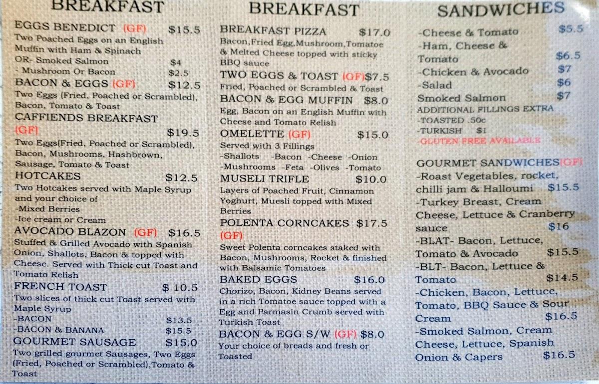 Menu at CAFFIENDS in the mall restaurant, Armidale, 190 Beardy St