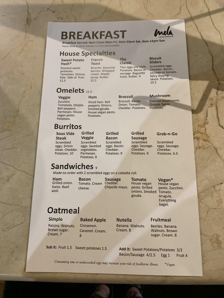 Menu at Mela Coffee Roasting Co. cafe, Wenatchee
