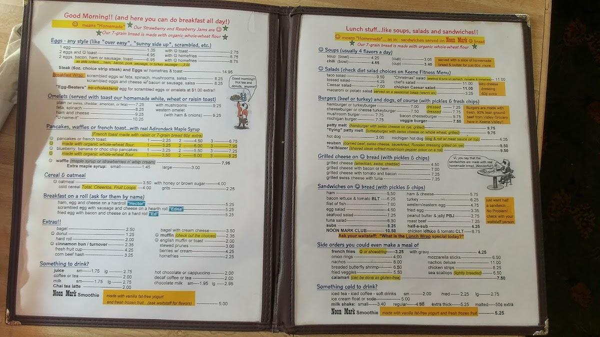 Menu at Noon Mark Diner restaurant, Keene Valley
