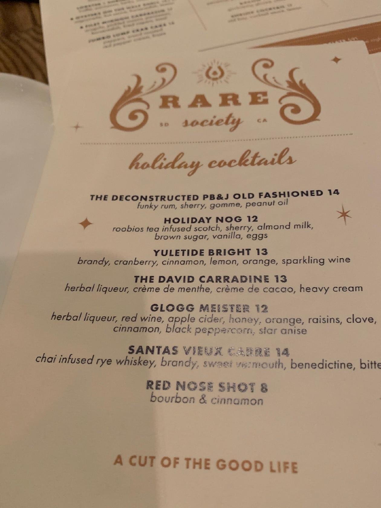 Menu at Rare Society steakhouse, San Diego