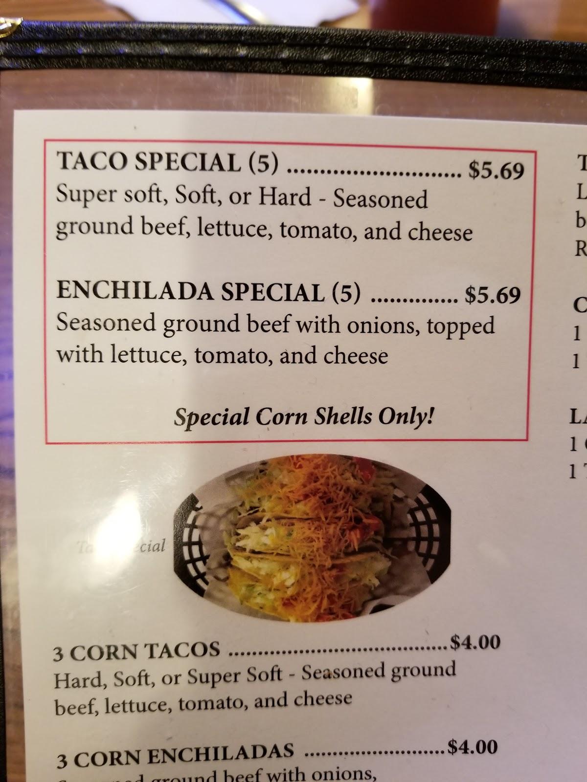 Menu at Taco Hideout restaurant, Galesburg