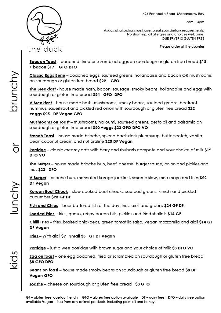 Menu at The Duck cafe, Dunedin, 494 Portobello Rd
