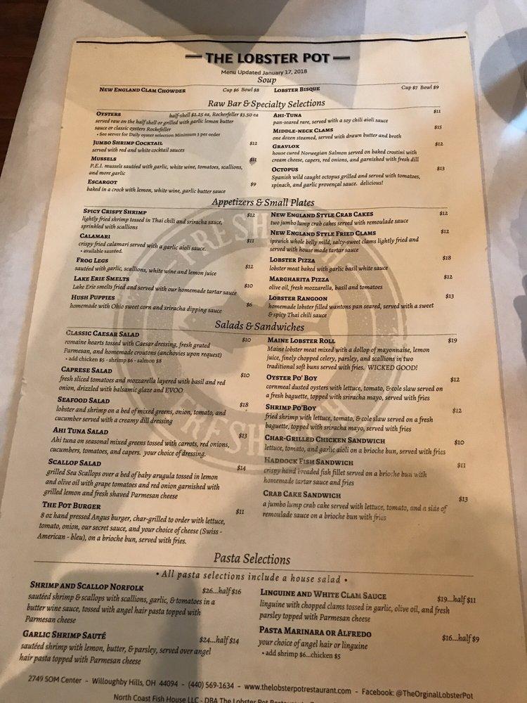 Menu at The Lobster Pot restaurant, Willoughby Hills