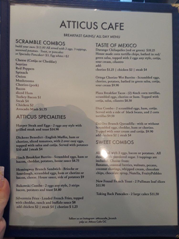 Menu at Atticus Cafe, Anaheim