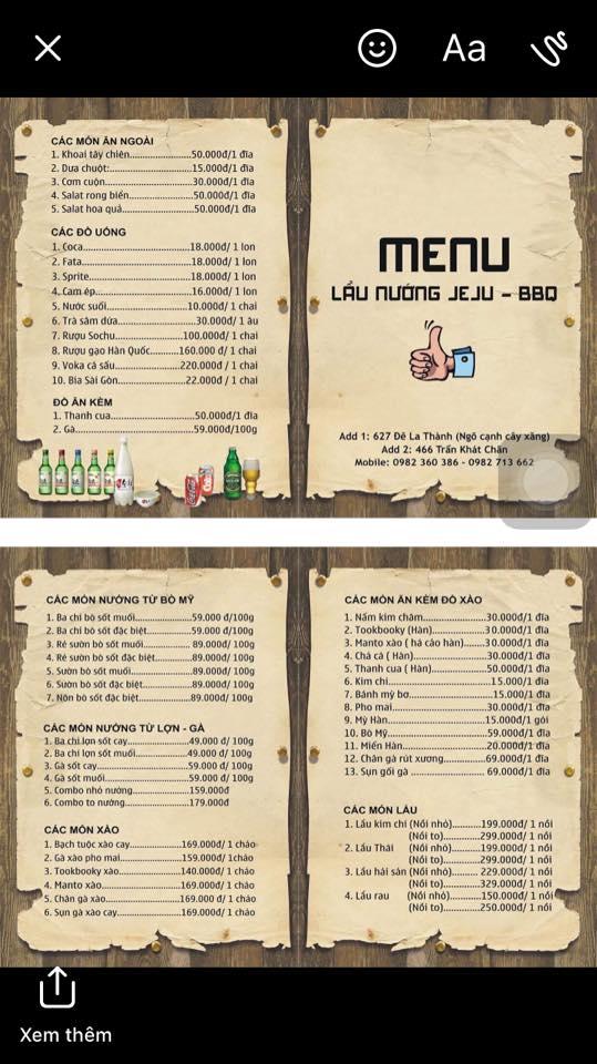 Menu at Jeju BBQ - Lẩu Nướng Hàn Quốc - 466 Trần khát chân, Hanoi