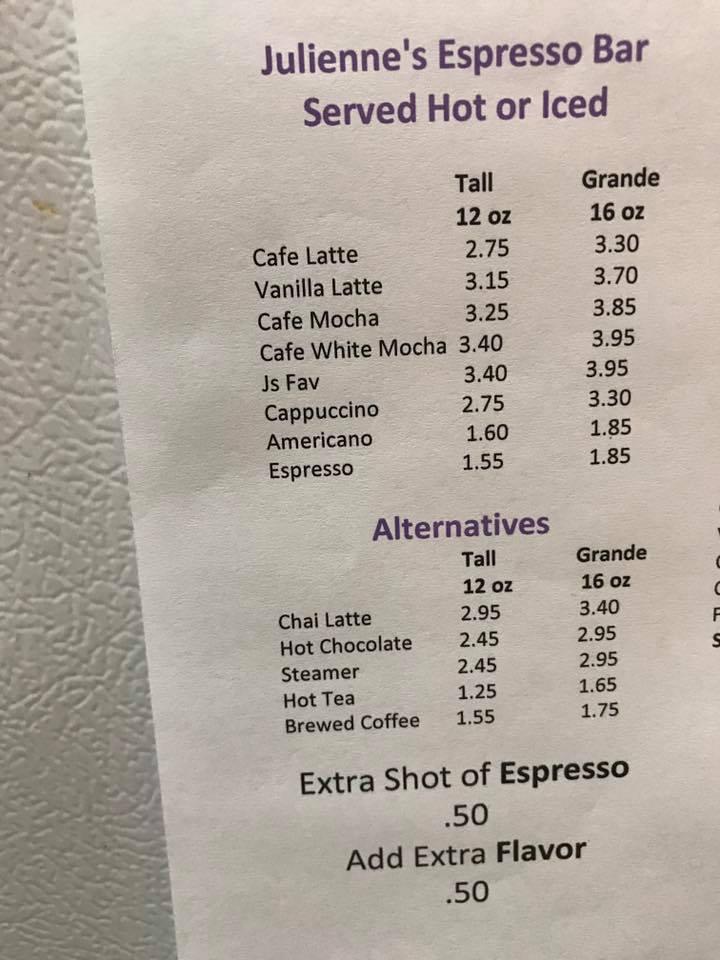 Menu at Julienn's Espresso Cafe, Hampton