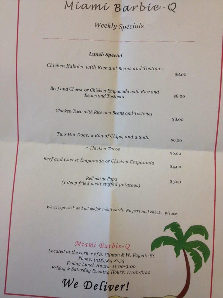 Menu at Miami Barbie-Q, Syracuse