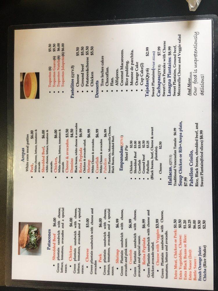 Menu at Patacon Latin Cuisine restaurant, Lafayette