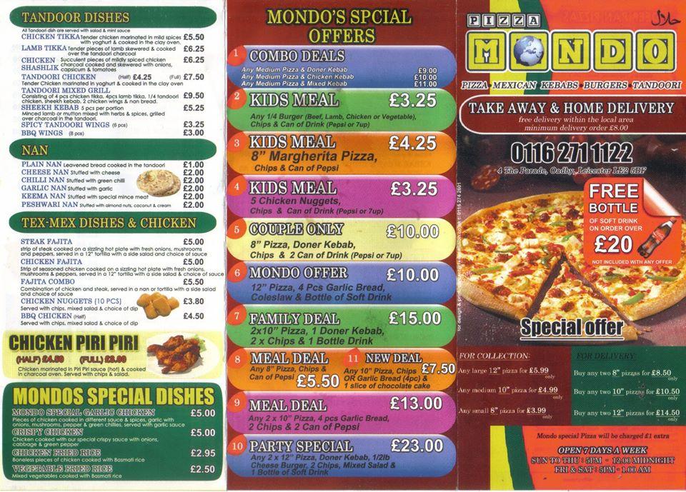 Menu at Pizza Mondo & Curry House pizzeria, Leicester, 4 The Parade