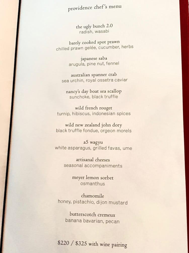 Menu at Providence restaurant, Los Angeles