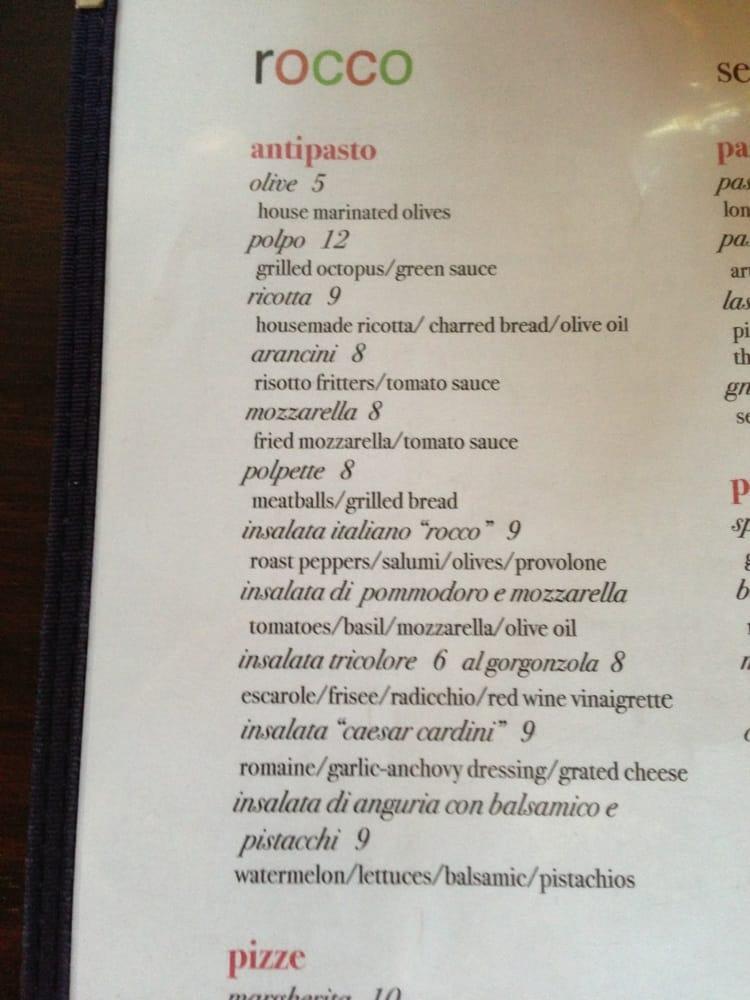 Menu at Rocco pizzeria, Rochester