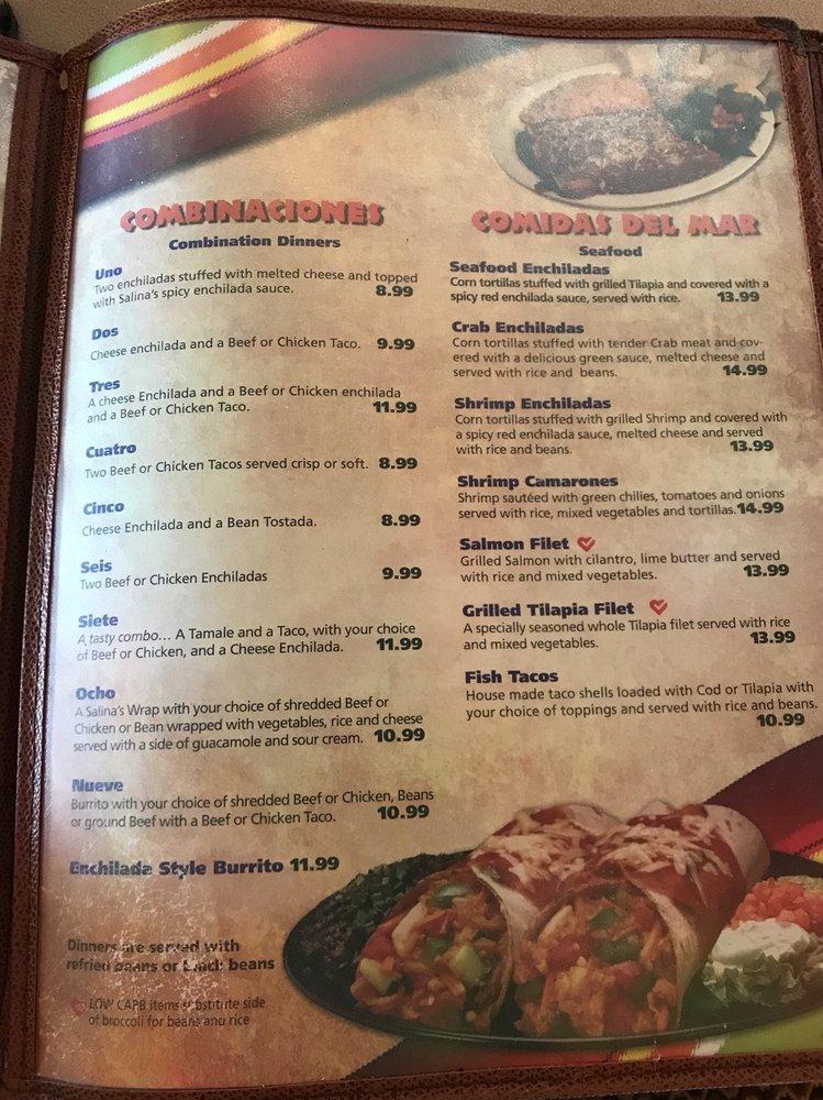 Menu at Salina's Mexican Restaurant, Chesterfield, 20 Clarkson Wilson ...