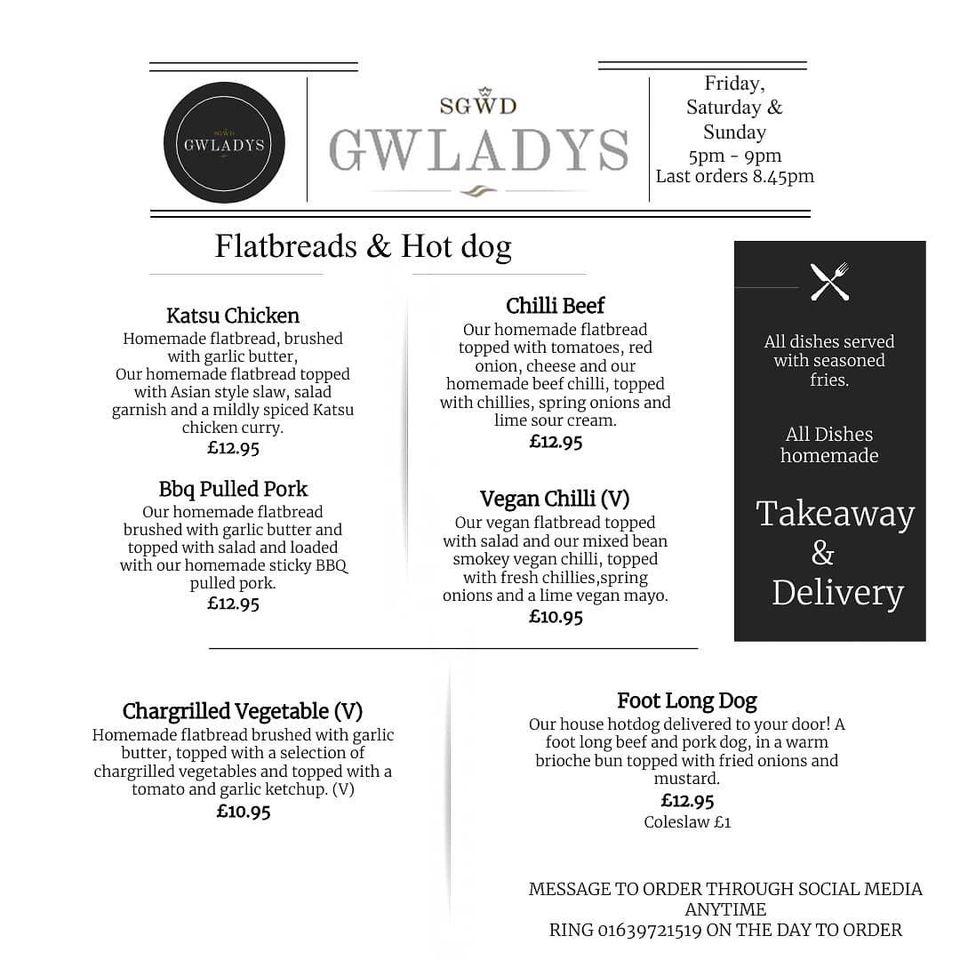 Menu at Sgwd Gwladys pub & bar, Glynneath