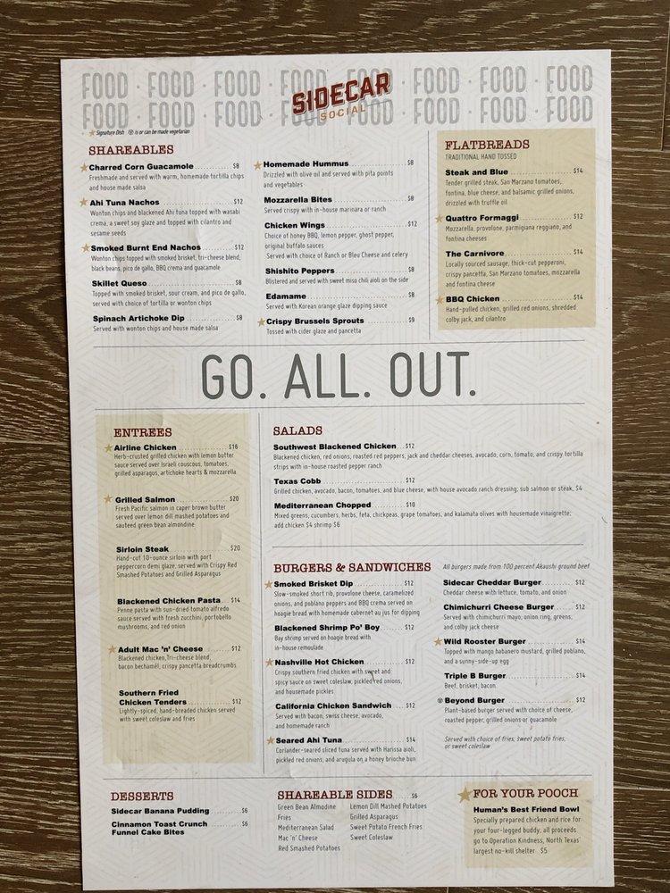 Carta del pub y bar Sidecar Social Addison, Dallas