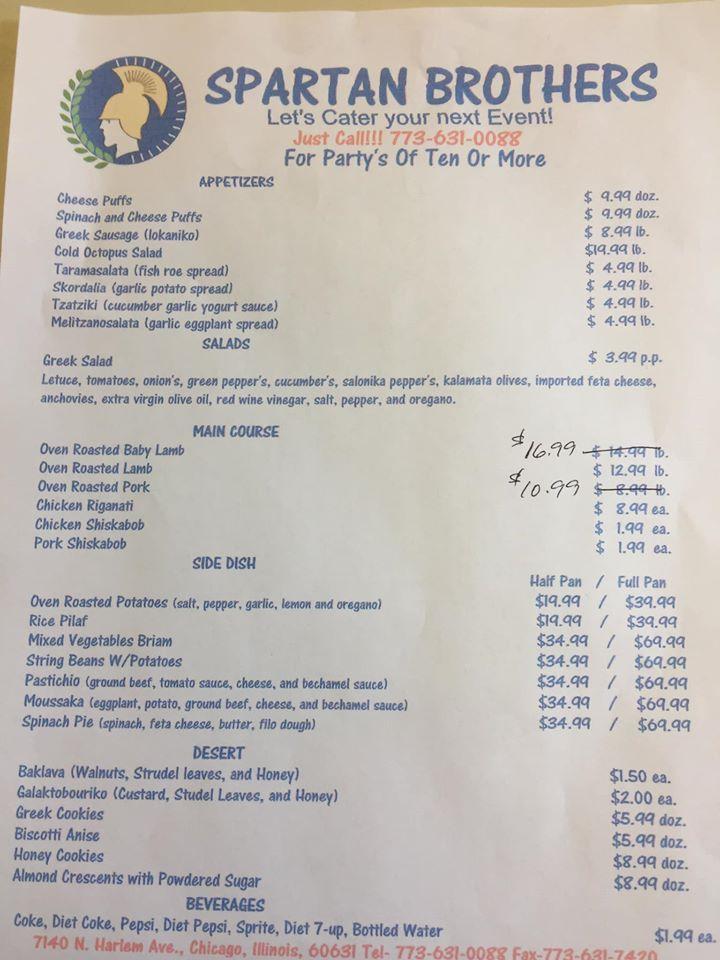 Carta del restaurante Spartan Brothers Greek Foods & Deli, Chicago