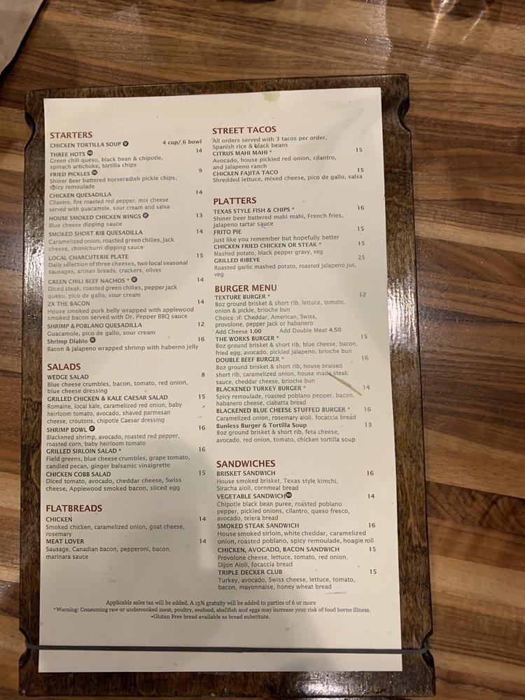 Menu at Texture pub & bar, Austin