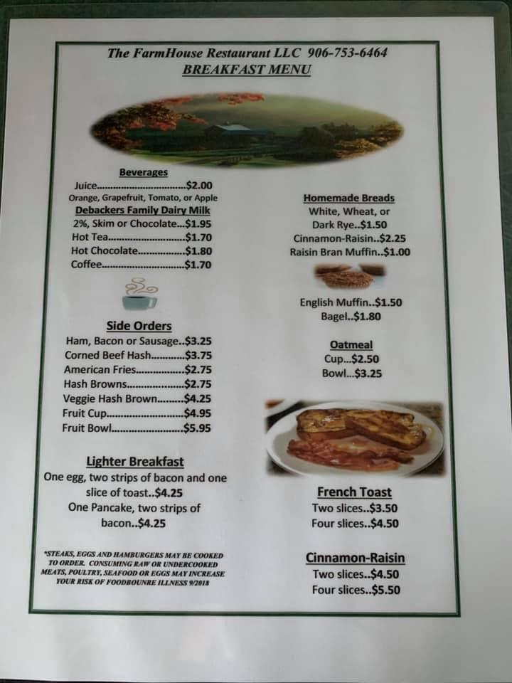 Menu at The FarmHouse Restaurant LLC, Stephenson, W107 South Dr