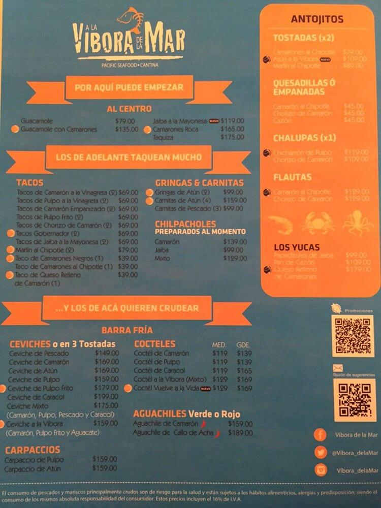 Menu at A la Víbora de la Mar restaurant, Merida