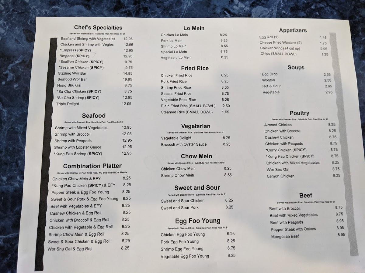 Menu at Wong's Chinese Restaurant, Salisbury