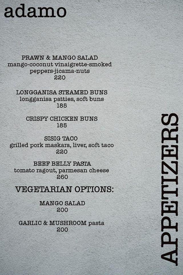 Menu at Adamo Dumaguete restaurant, Dumaguete, Tindalo St