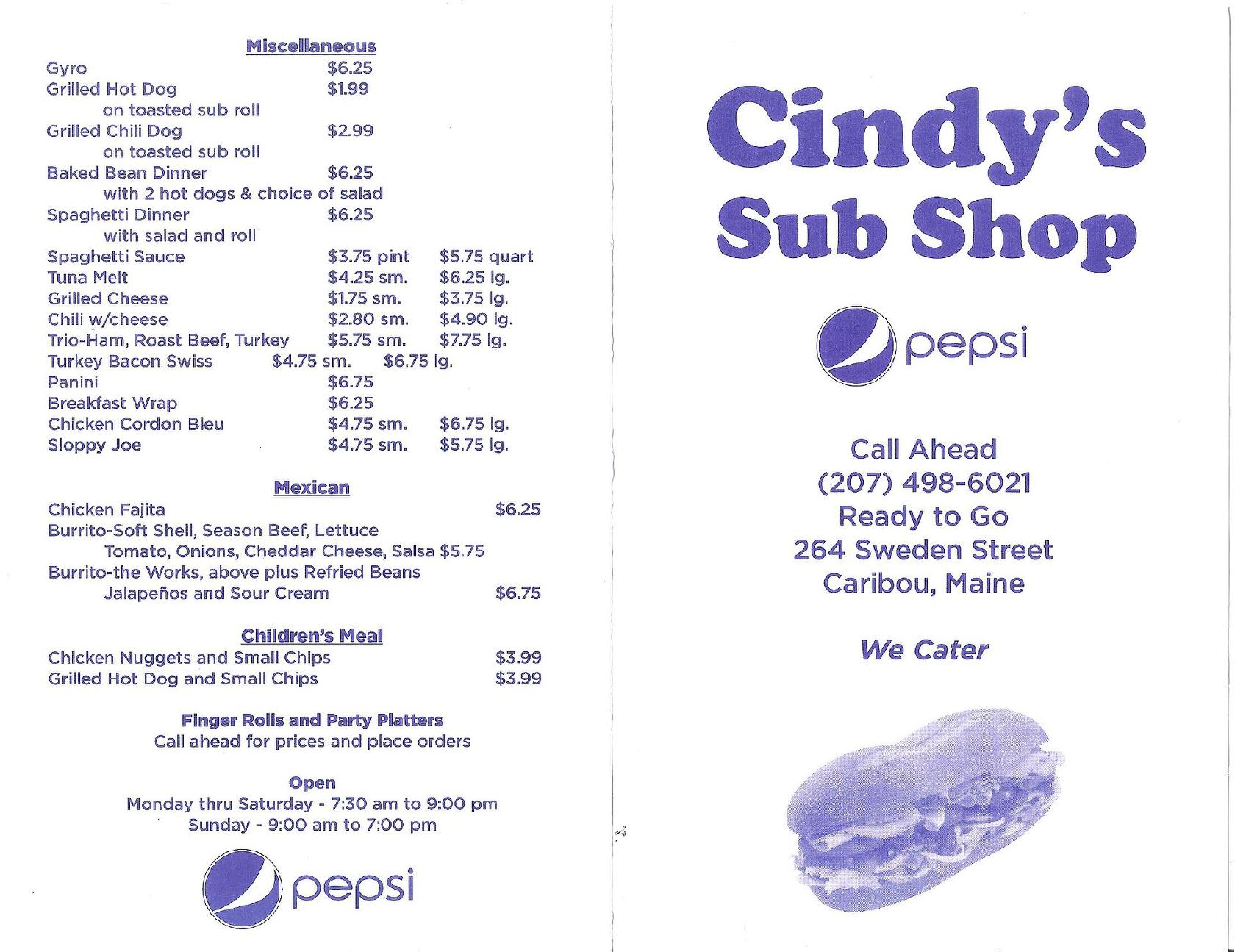 Menu at Cindy's Sub Shop restaurant, Caribou