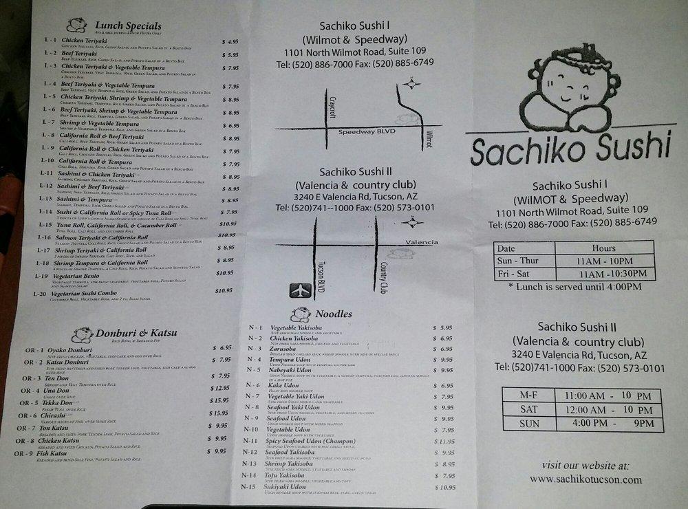 Menu at Sachiko Sushi restaurant, Tucson, N Wilmot Rd