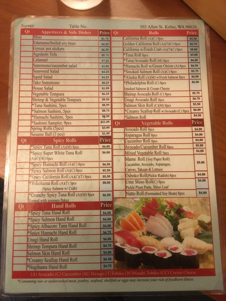 Menu at sora sushi (sushi channel) restaurant, Kelso