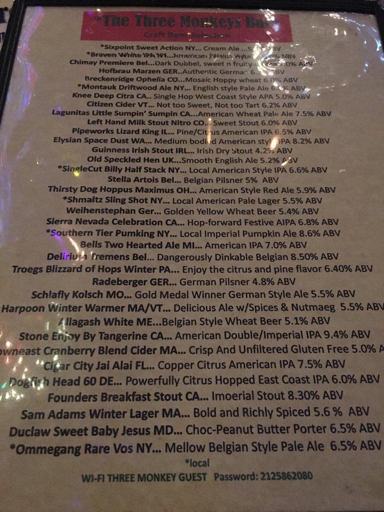 Menu at The Three Monkeys pub & bar, West New York