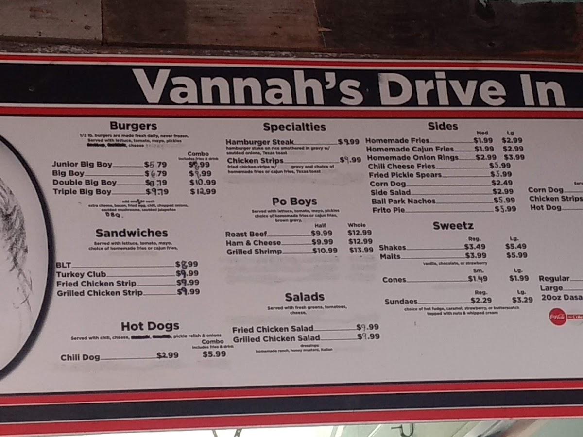Menu at Vannah's Drive In restaurant, West Monroe