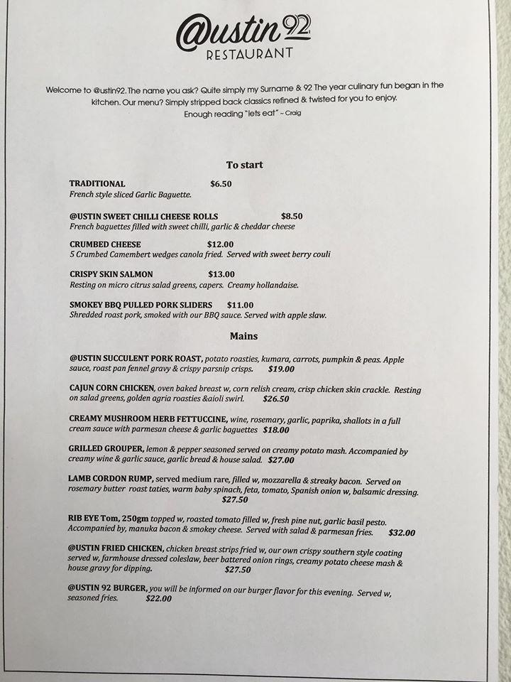 Menu at Austin 92 Resturant restaurant, Temuka