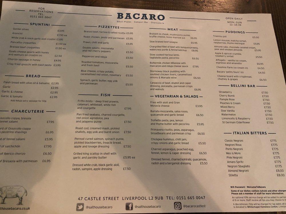 Menu at Bacaro pub & bar, Liverpool