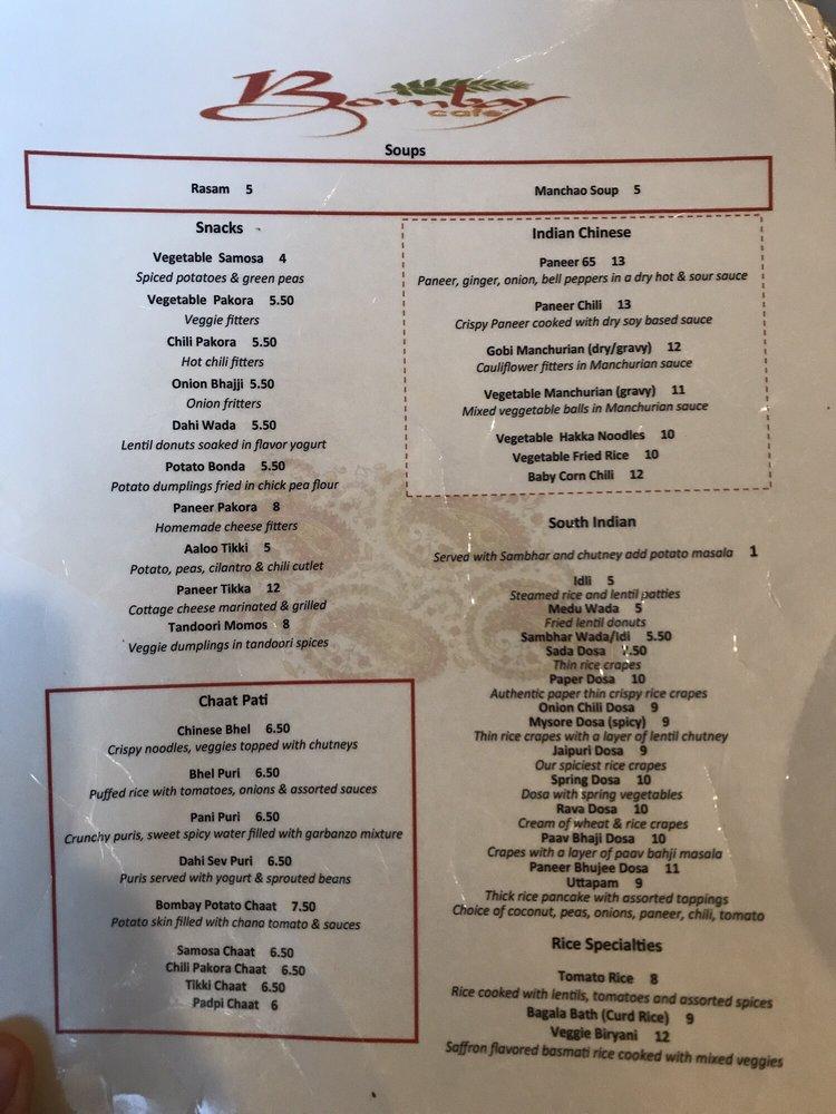 Menu at Bombay Caf restaurant, Orlando