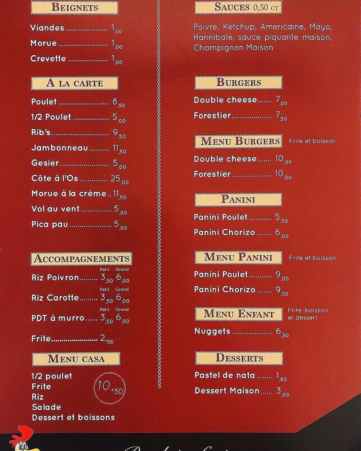 Menu at Casa Frango restaurant, Tourcoing