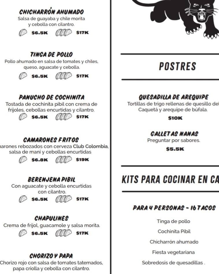 Carta del restaurante El Pantera Taqueria, Bogotá