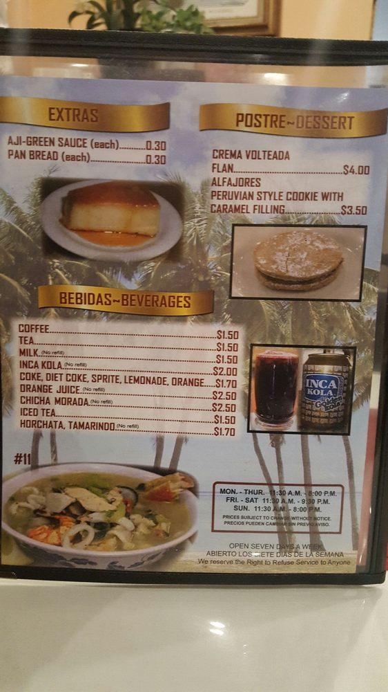 Menu at Mario's Peruvian & Seafood restaurant, Los Angeles